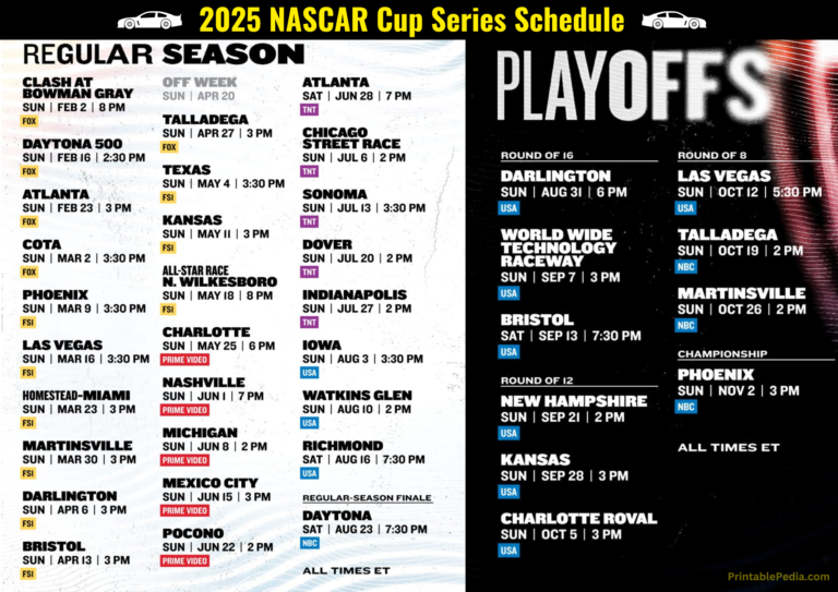 Printable NASCAR Cup Series Schedule 2025: TV Channels, Live Stream Info