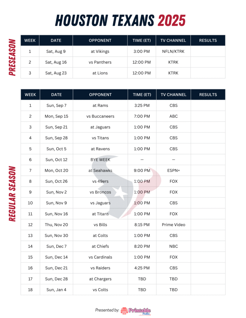 2025 Houston Texans Schedule: Free Printable PDF, TV Info & Key Matchups