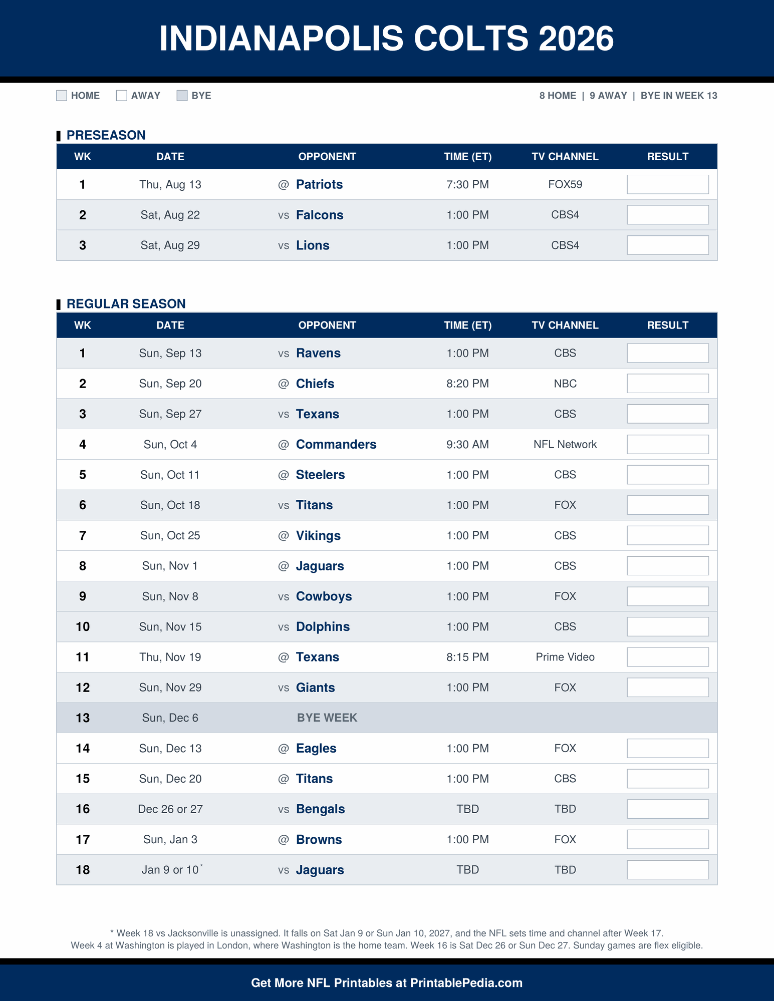2026 Indianapolis Colts Schedule: Printable PDF & TV Guide