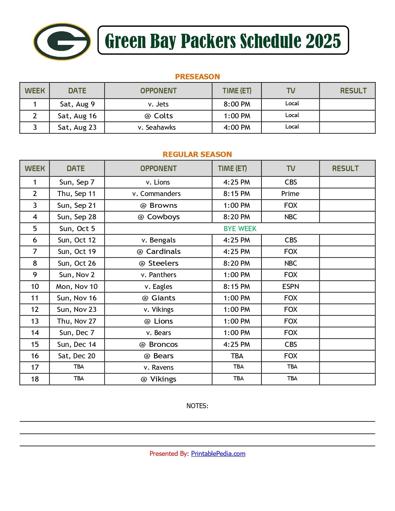 2025 Green Bay Packers Schedule Free Printable PDF