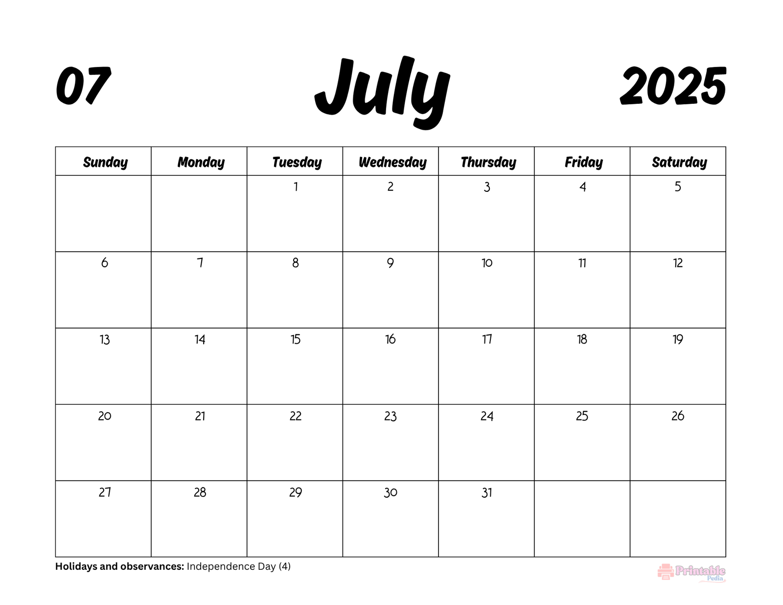Printable July 2025 Calendar: With Holidays and Blank PDF Format