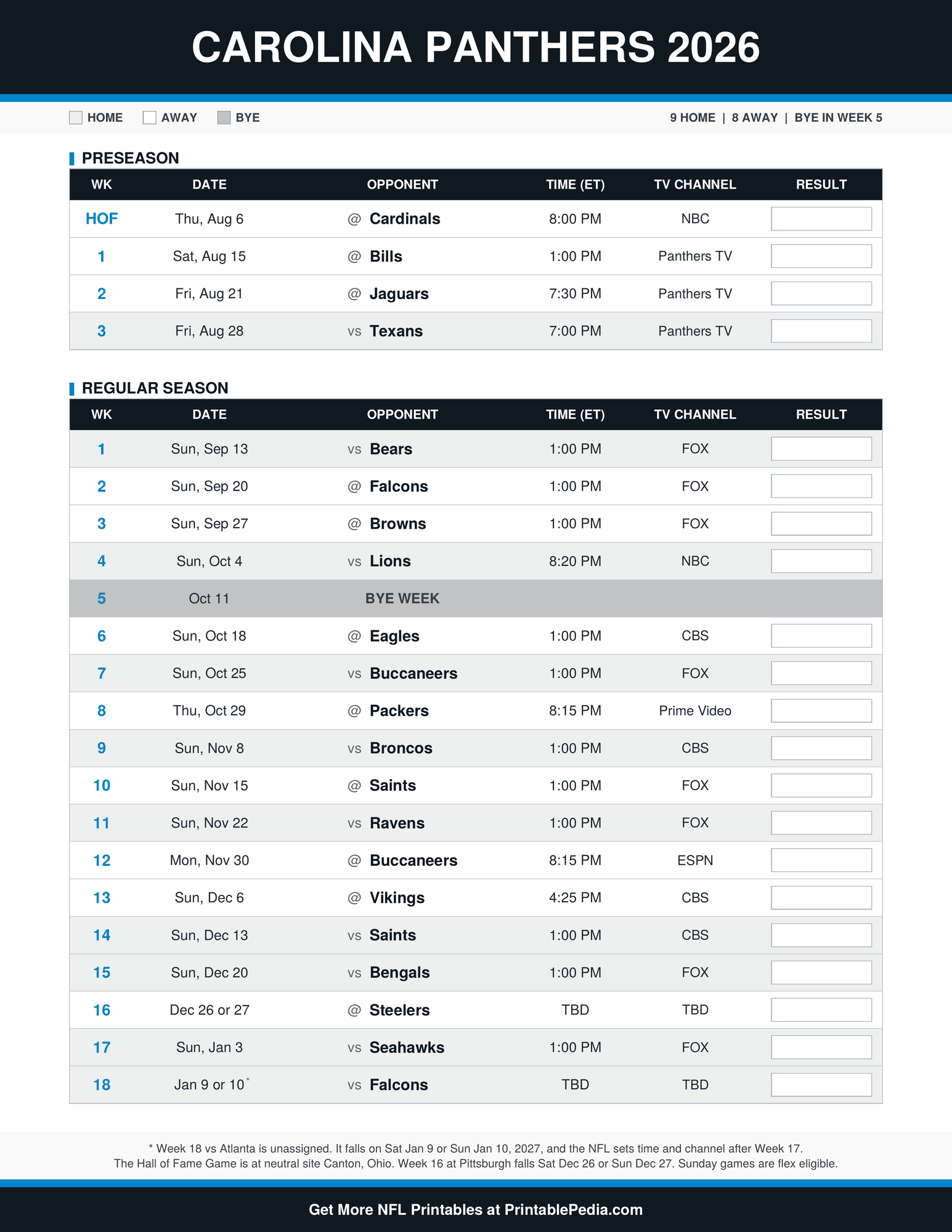 2026 Carolina Panthers Schedule Printable Pdf Tv And Streaming