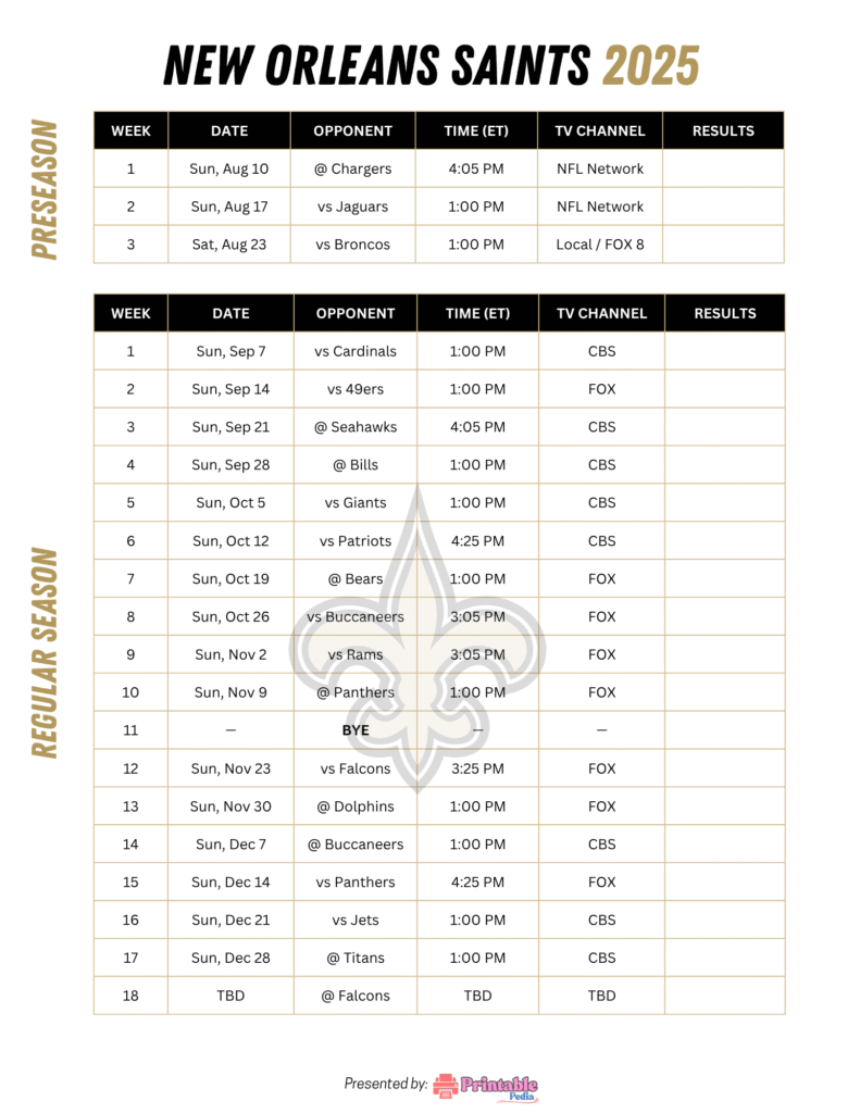 2025 Printable New Orleans Saints Schedule: Free Printable PDF