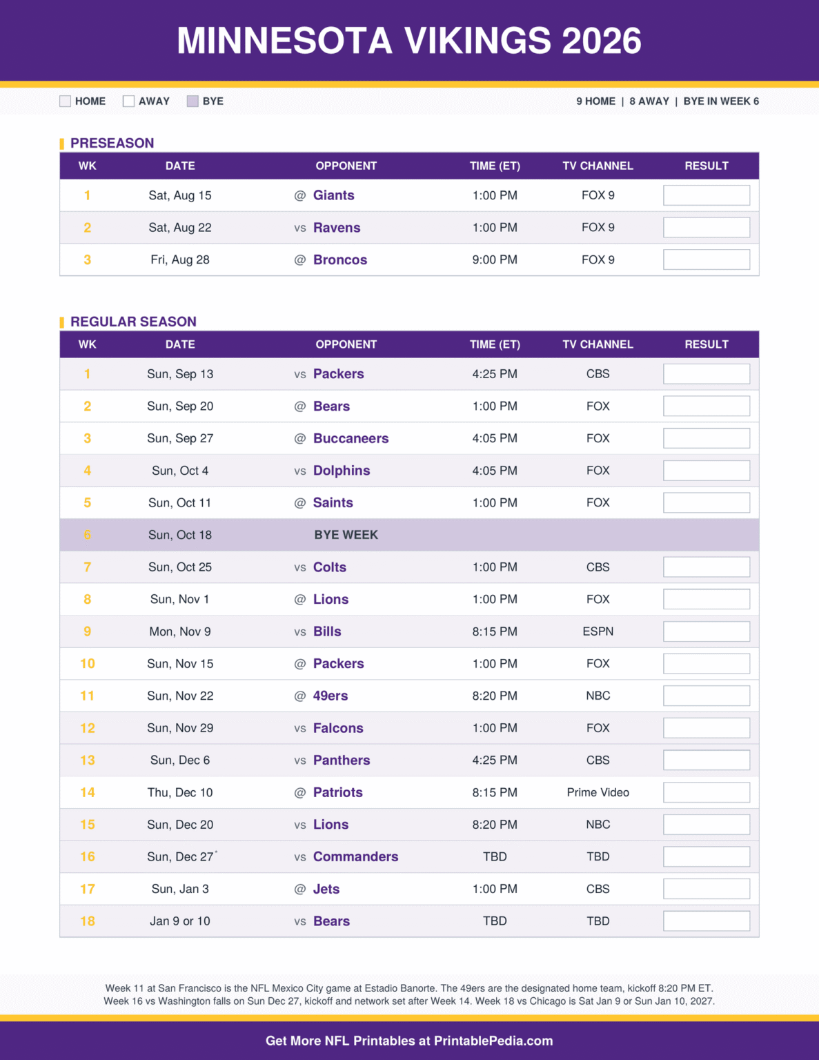 2026 Minnesota Vikings Schedule: Free Printable PDF, TV & Matchups