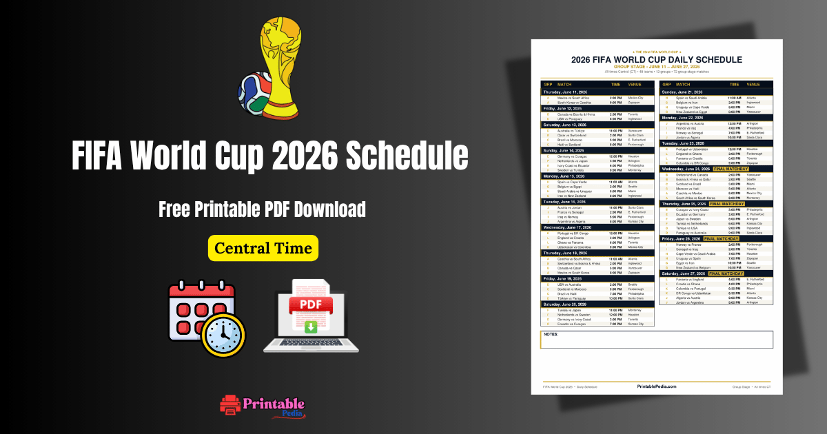 FIFA World Cup 2026 Schedule in Central Time: Free Printable PDF